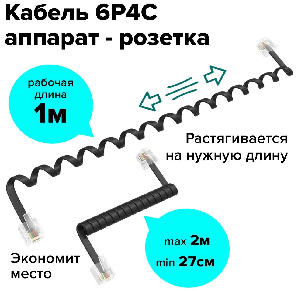 Телефонный шнур-удлинитель витой RJ-11 GCR для подключения устройств (GCR-TP6P4C-TW), черный, 2.0м