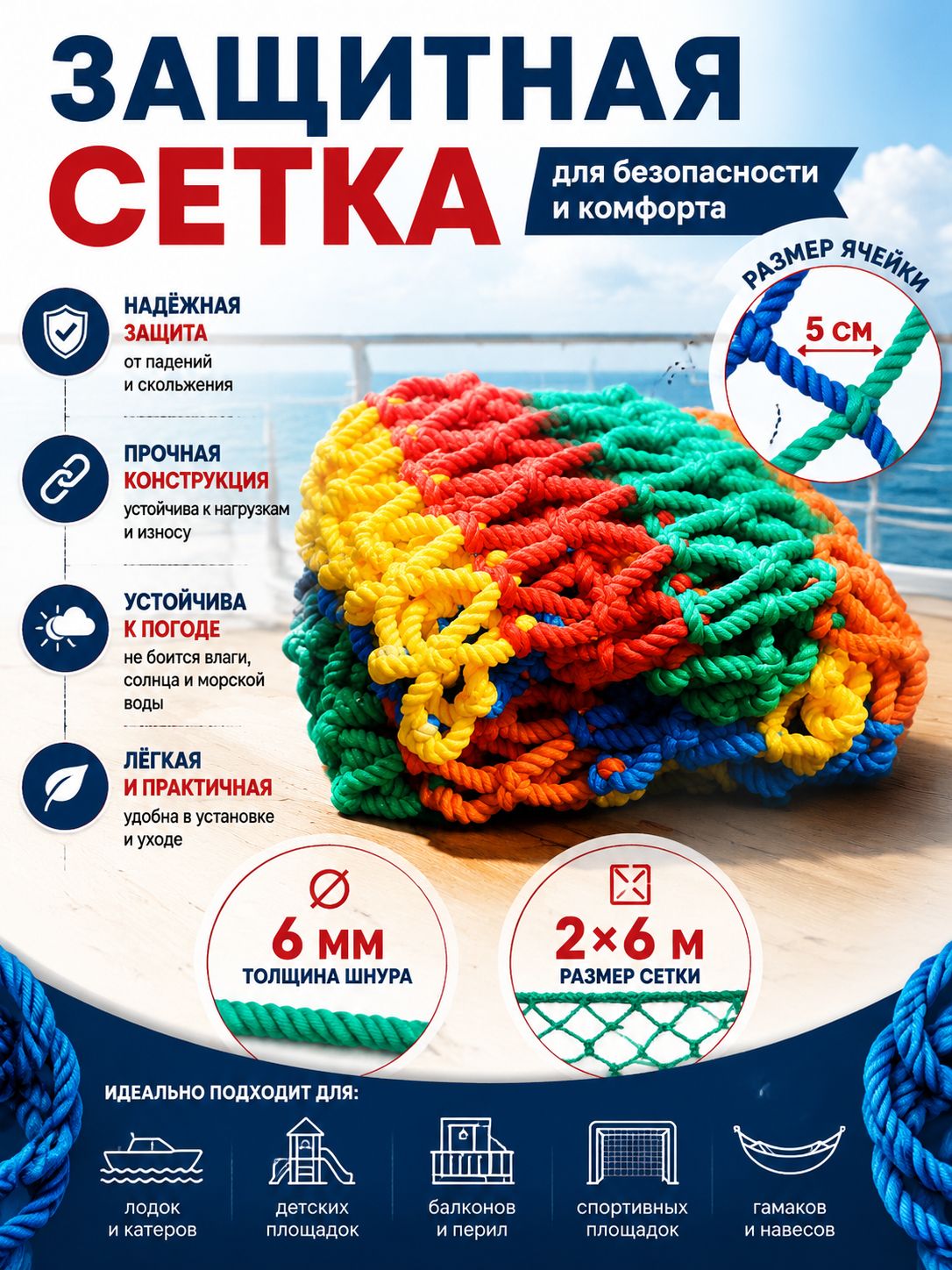 Сетка садовая 6х2 м , Детская разноцветная сетка для лазания с крестообразными застёжками