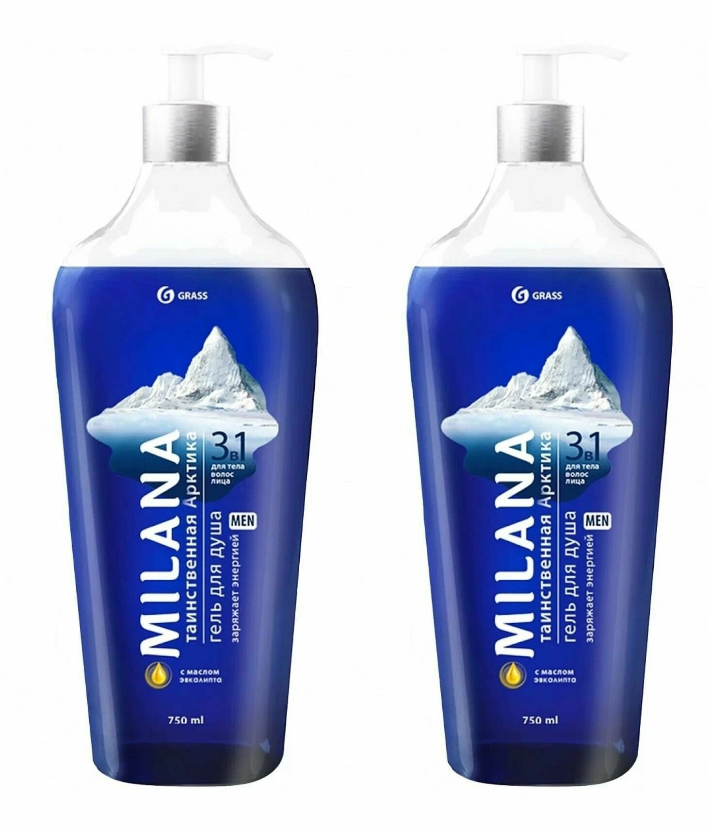 GraSS Гель для душа Milana MEN, таинственная Арктика, с маслом эвкалипта, 750 мл, 2 шт