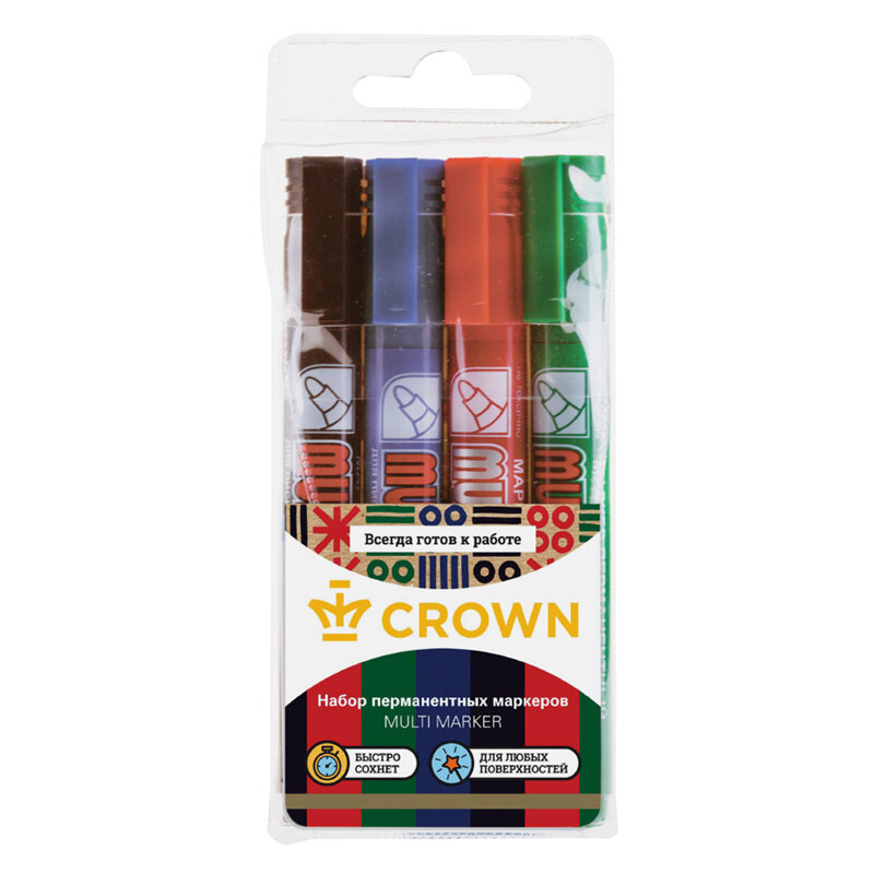 Набор перманентных маркеров Crown "Multi Marker" 04цв, пулевидный, 3.0мм, чехол с европодвесом