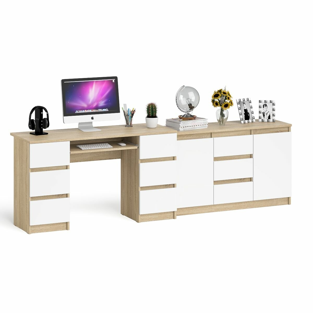 Компьютерный стол для дома, для школьника письменный Спасибо-Мебель 256см дуб сонома/белый
