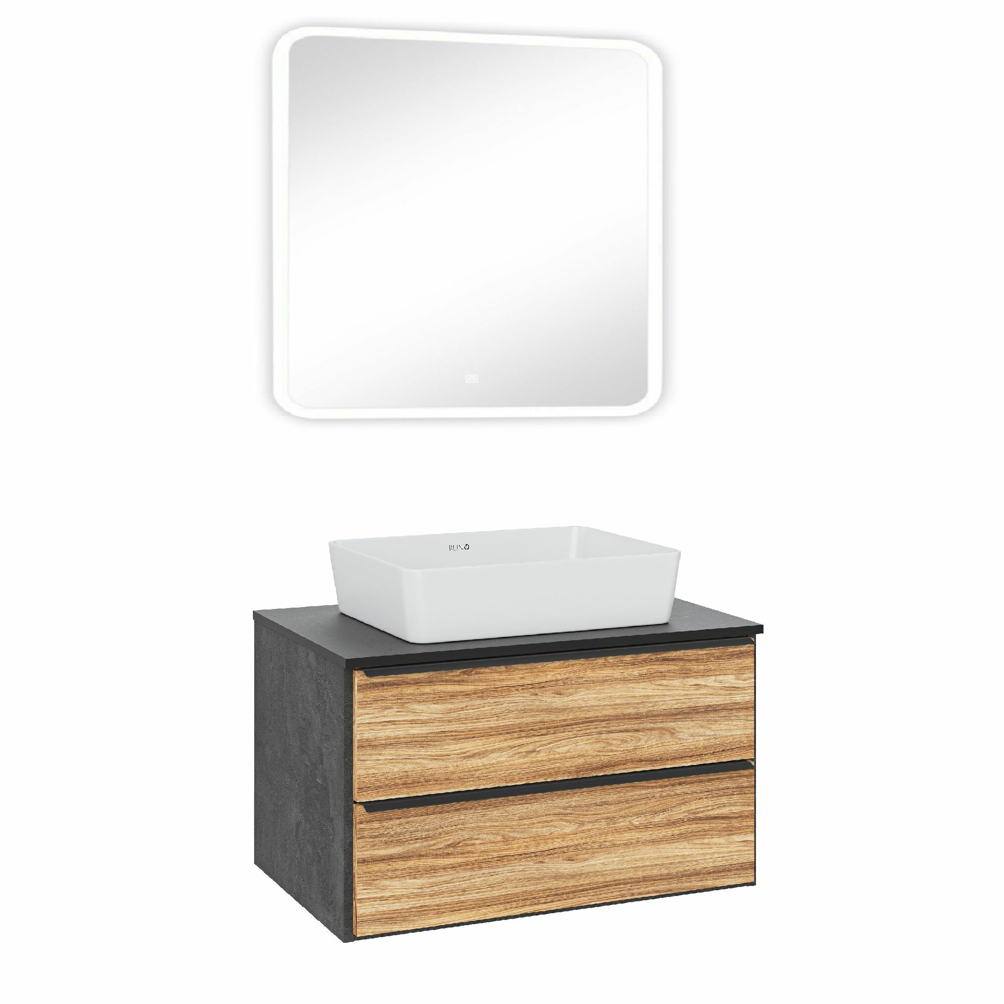 Мебель для ванной Мальта 85, черный дуб (тумба подвесная с раковиной Tre, зеркало Руан 80х80)