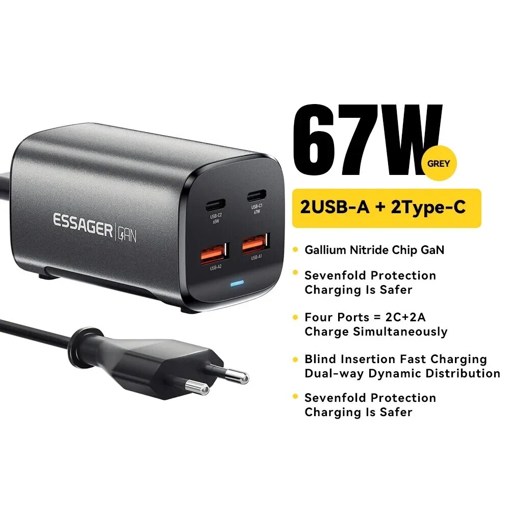 Essager 67W зарядное устройство EU с 2USB-A и 2Type-C