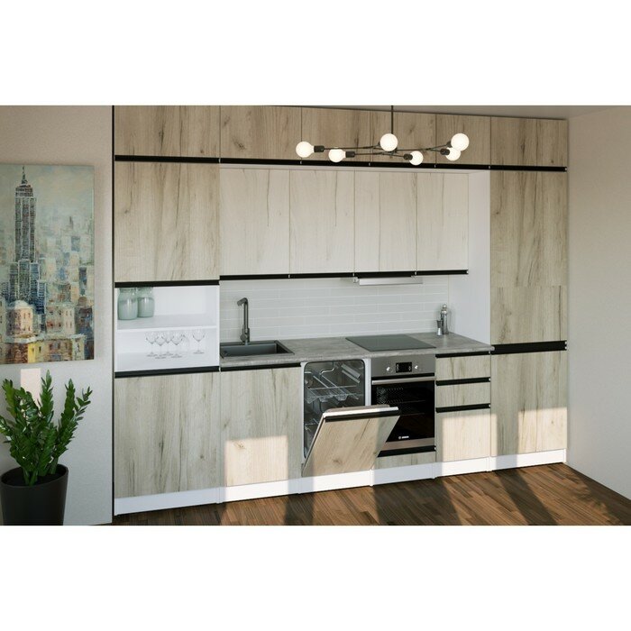 Кухонный гарнитур трёхуровневый «Паола люкс», 3000×600 мм, цвет белый/Кантри/Дуб грей, Дуб браун