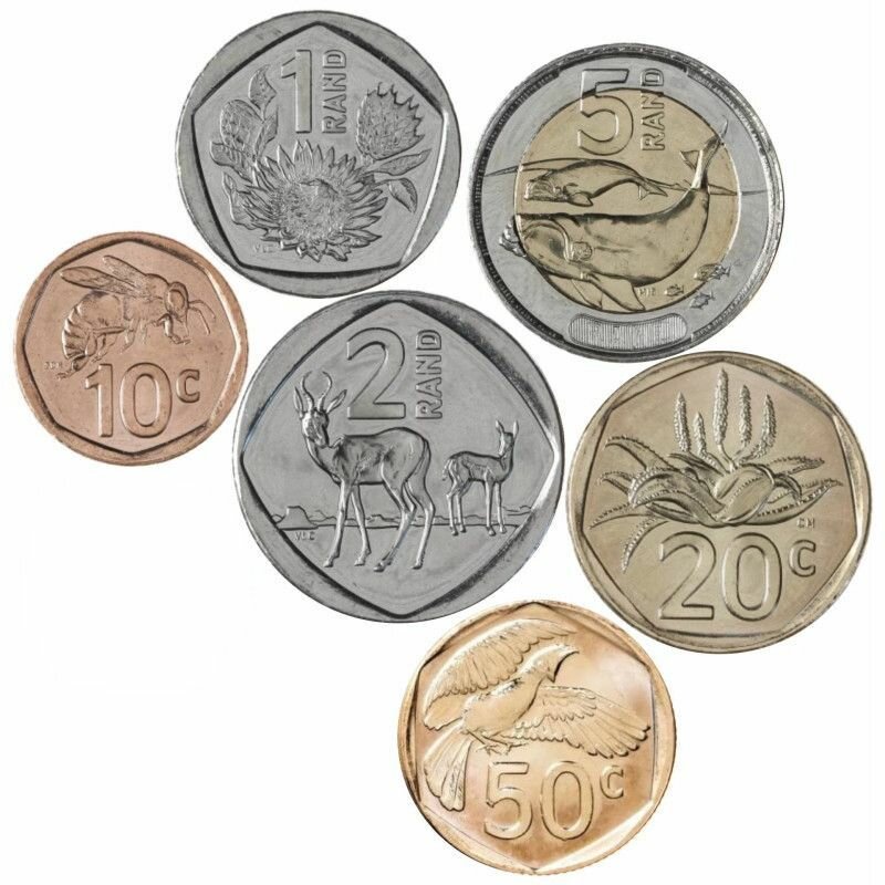 Набор монет ЮАР 2023-2024 года. 10, 20, 50 центов и 1, 2, 5 рандов. Флора и фауна.