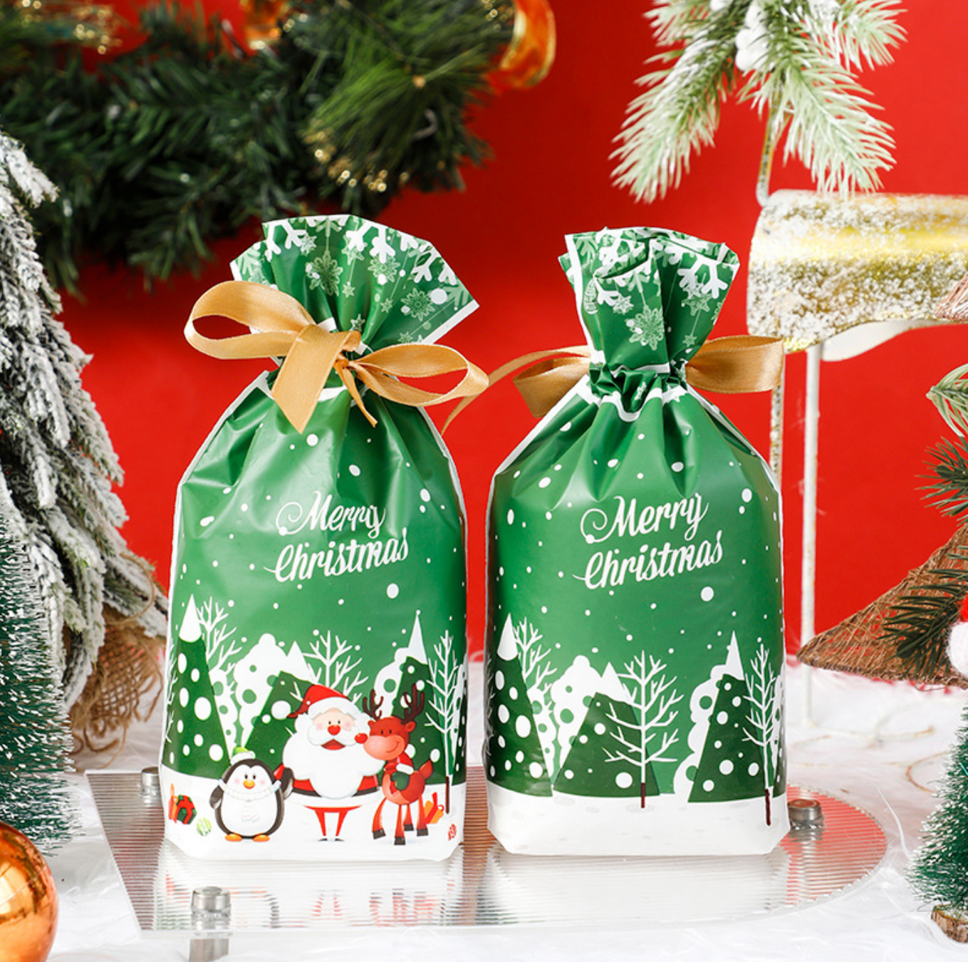Мешочек для подарка, новогодняя упаковка, подарочный пакет, 10 штук , 34×23, зеленый