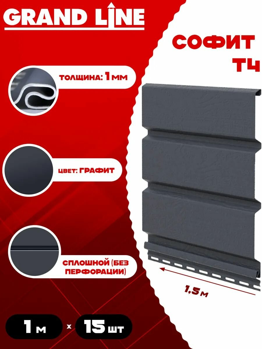 Софит Grand Line Classic (15 штук) графит без перфорации по 1 метру ПВХ (Гранд Лайн) Т4 серый (RAL 7024) пластиковый