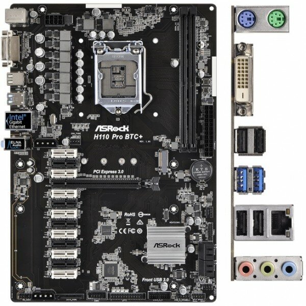 Материнская плата ASRock H110 PRO BTC+ RTL (LGA 1151. Intel H110. DDR4. 4x SATA 6Gb/s. кабель SATA х2)