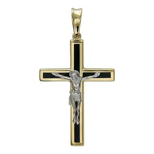 Крестик, комбинированное золото, 585 проба, оникс