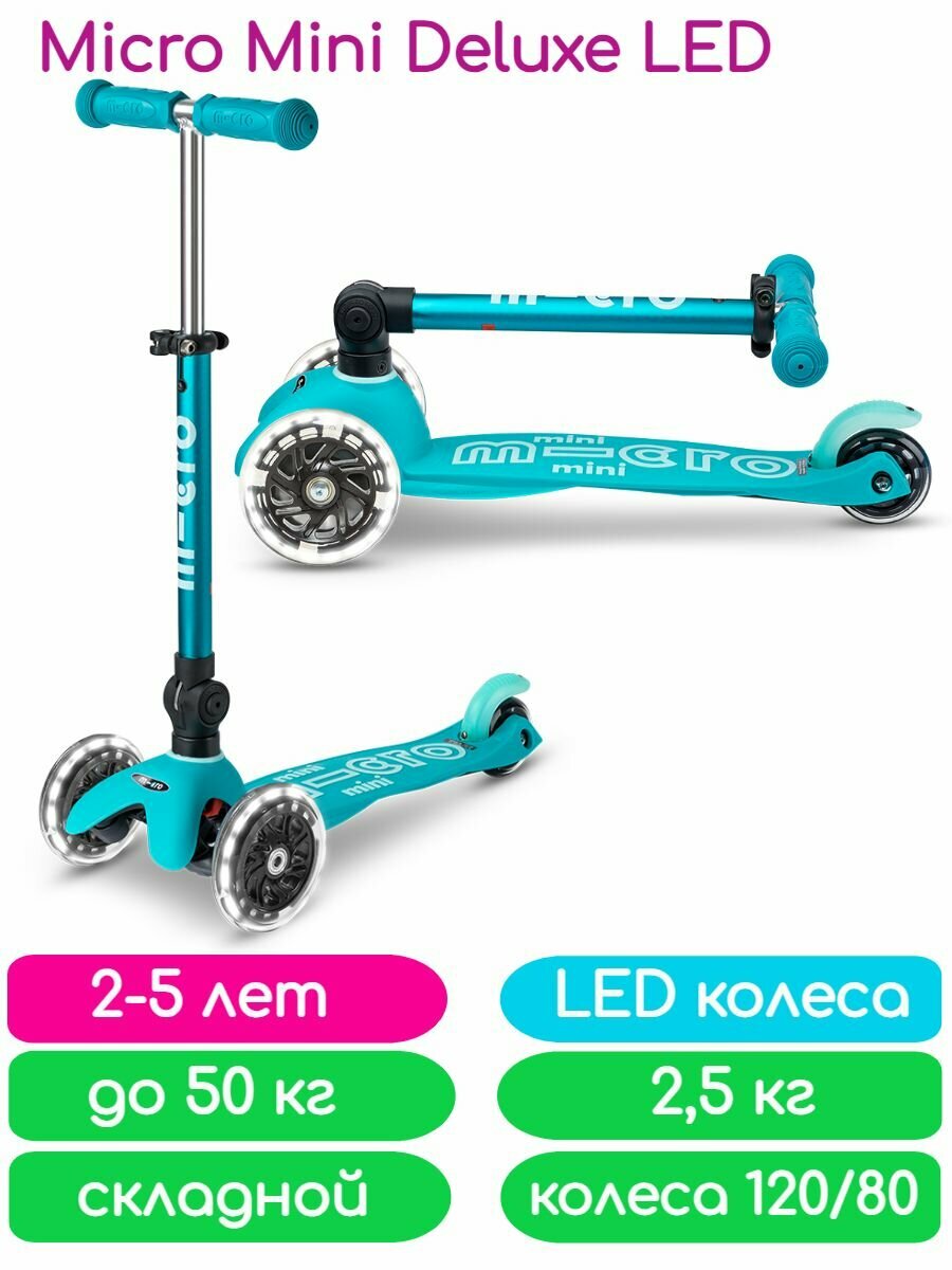 Самокат Mini Micro Deluxe складной LED аква MMD198 (светящиеся колеса)