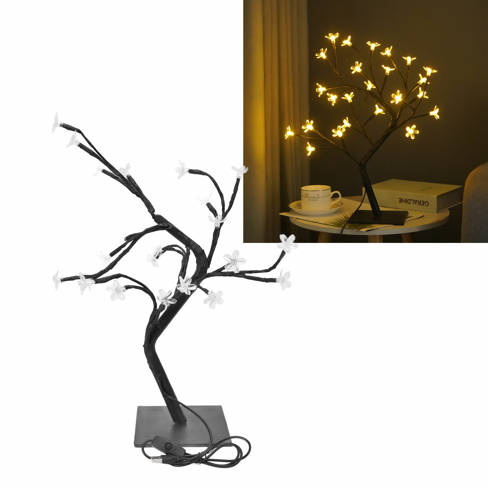 Лампа с вишневым деревом, пластиковый ПВХ светильник для бонсай, для украшения дома, питание от USB, 24 светодиода