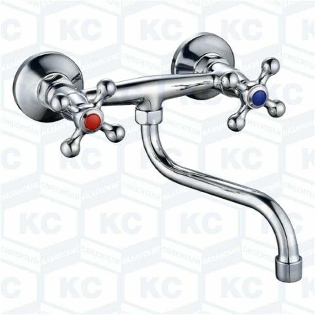 Смеситель для кухонной мойки, 910712, настенный, латунь, металлические маховики, керамическая кран-букса