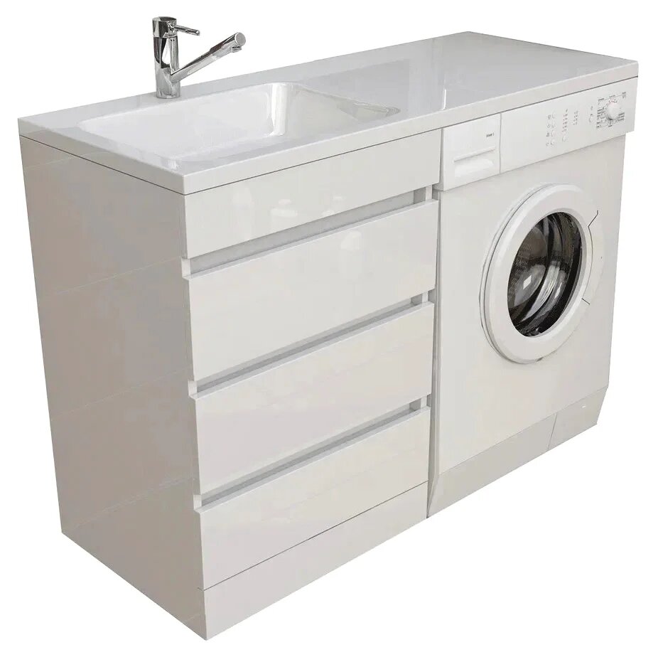 Тумба с раковиной Emmy Джерси 120 под стиральную машину, напольная, 120 см, белая, глянцевая, из МДФ, с ящиками, раковина для ванной, из искусственного мрамора, прямоугольная