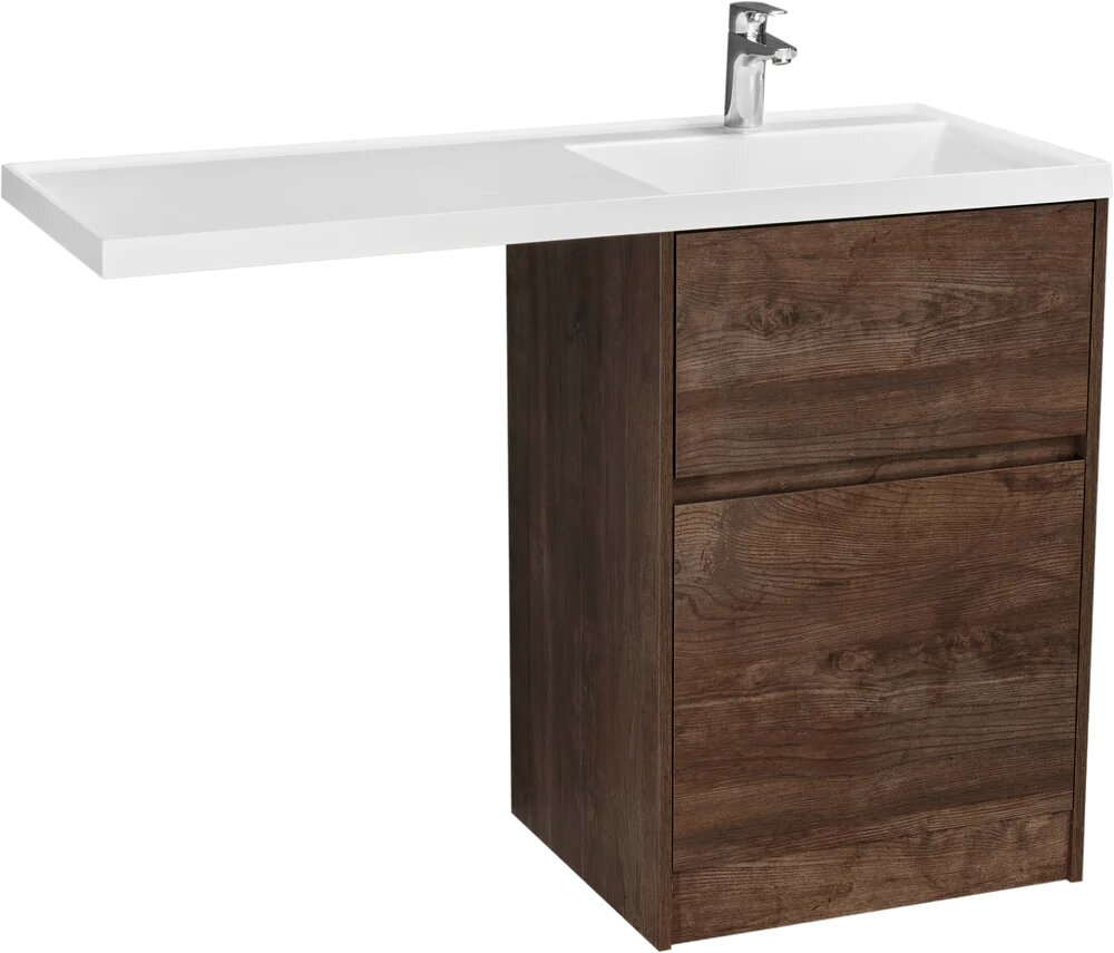 Тумба с раковиной AQUATON Лондри подвесная, под стиральную машину, напольная, 120 см, темное дерево, матовая, из ЛДСП, с ящиками, раковина для ванной из искусственного мрамора, прямоугольная