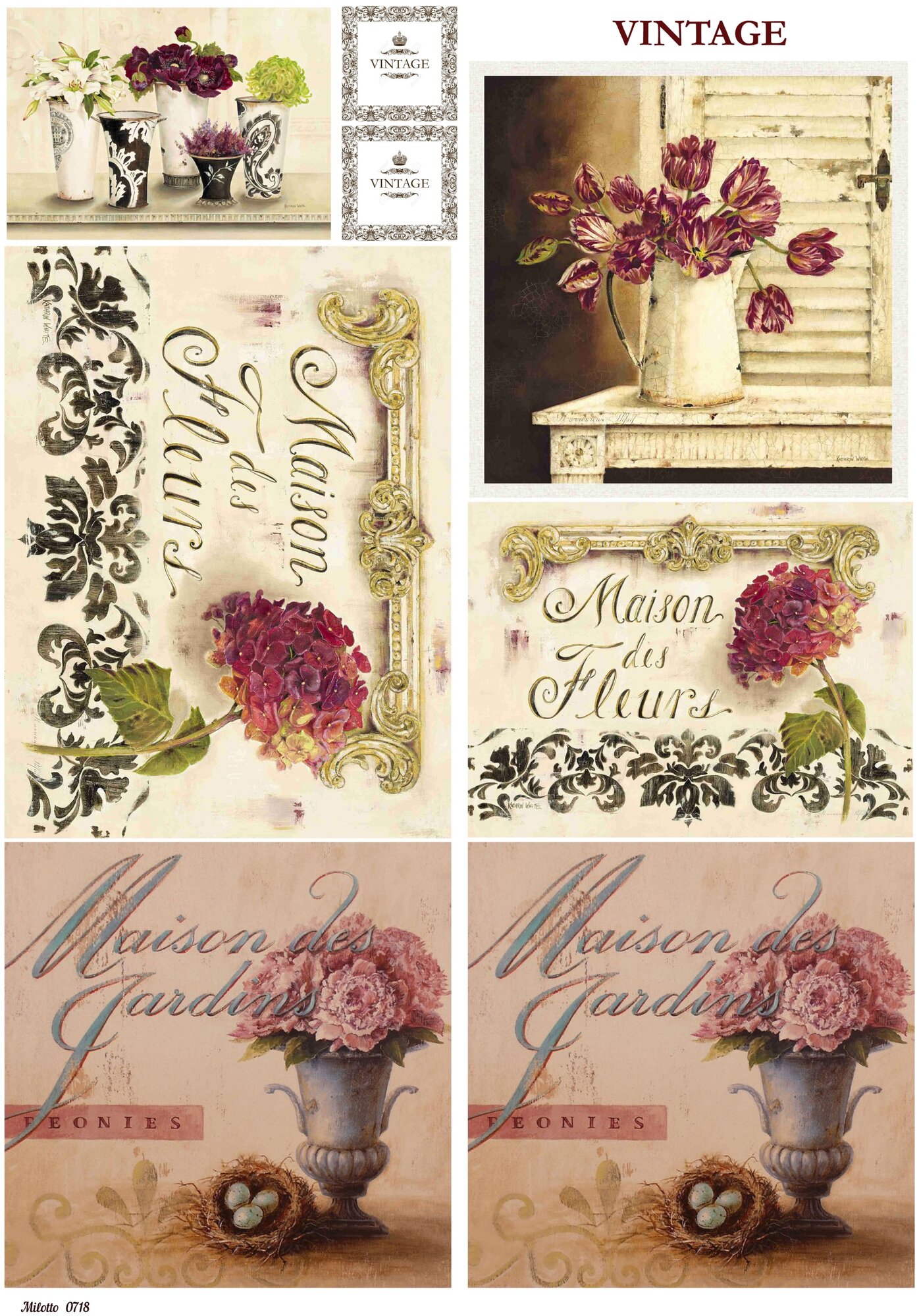 Рисовая бумага для декупажа А4 ультратонкая салфетка 0718 цветы прованс винтаж крафт Milotto