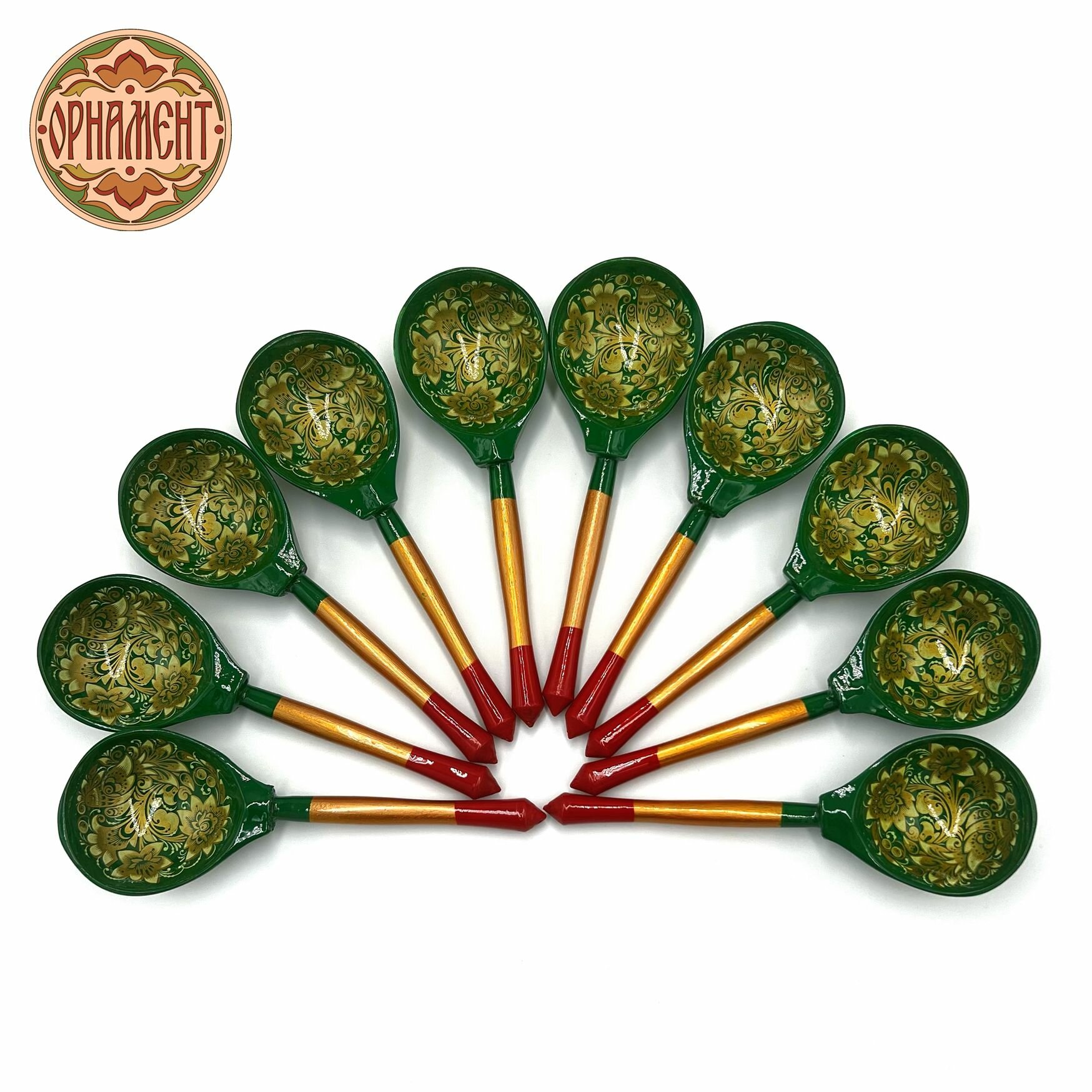 Ложки деревянные музыкальные, столовые, народные музыкальные инструменты, ручная авторская роспись, зеленые, 10 шт.