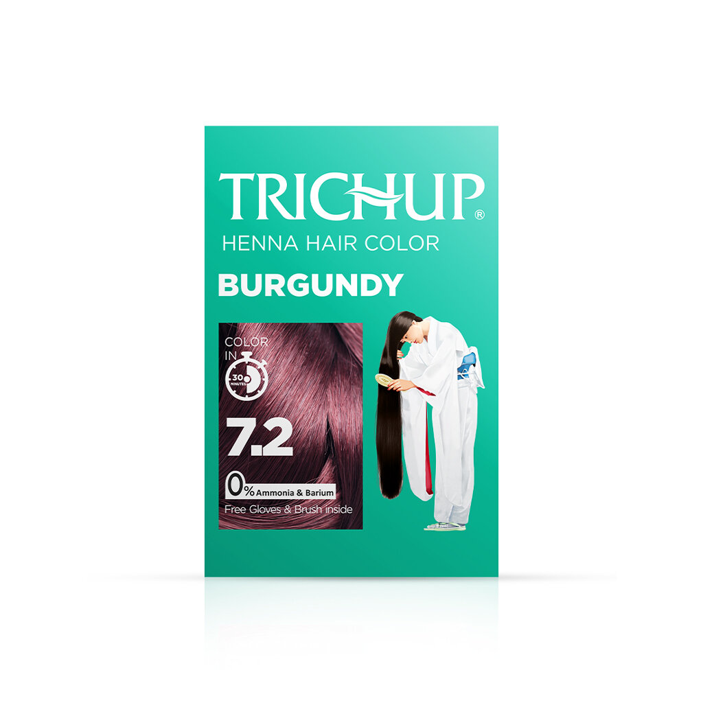TRICHUP Henna Hair Color BURGUNDY 7.2, Vasu (тричуп (тричап) краска для волос на основе хны бургунди 7.2, Васу), 60 г. (6 саше по 10 г.).