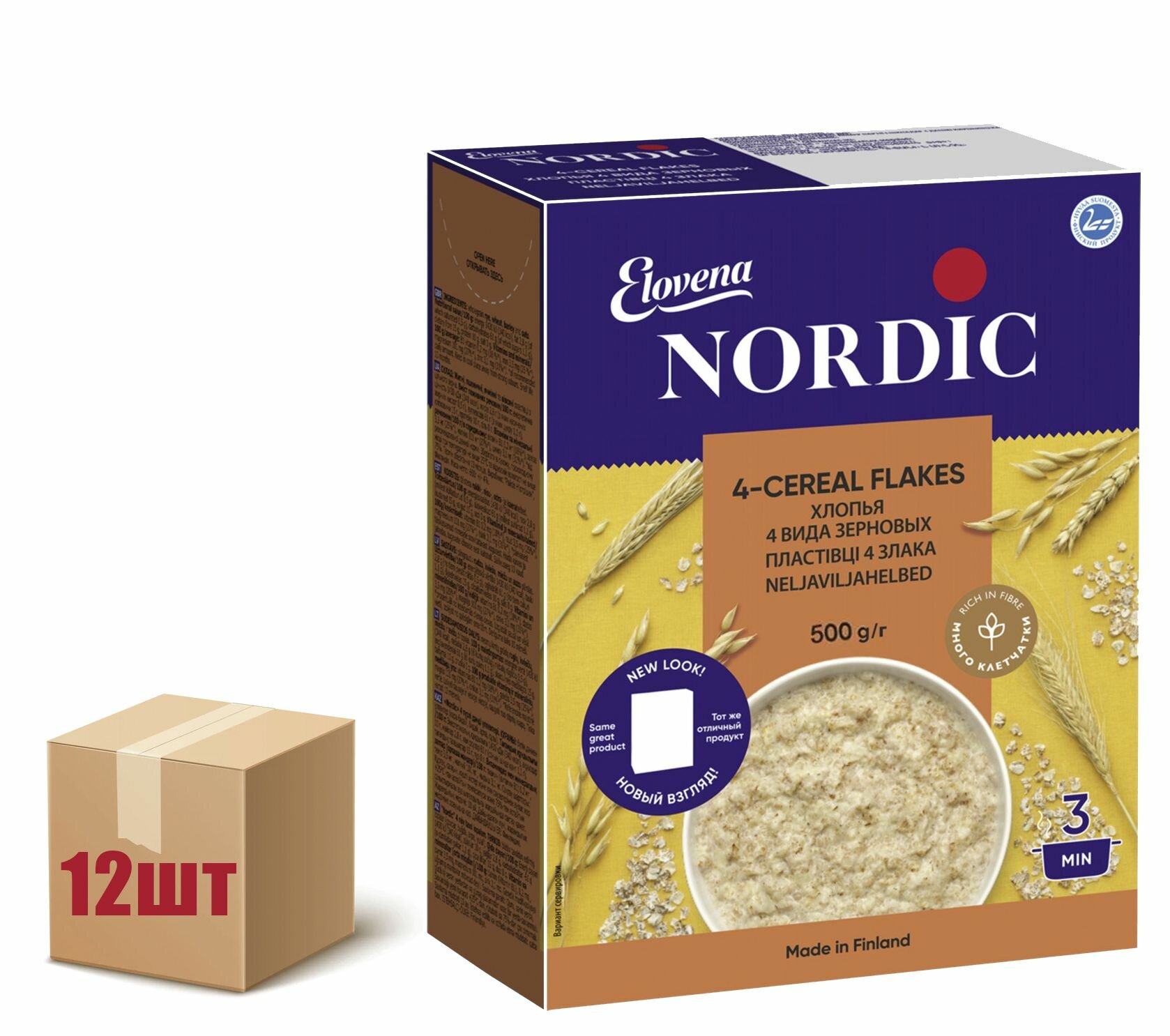 Nordic хлопья 4 вида зерновых, 500г х 12 шт