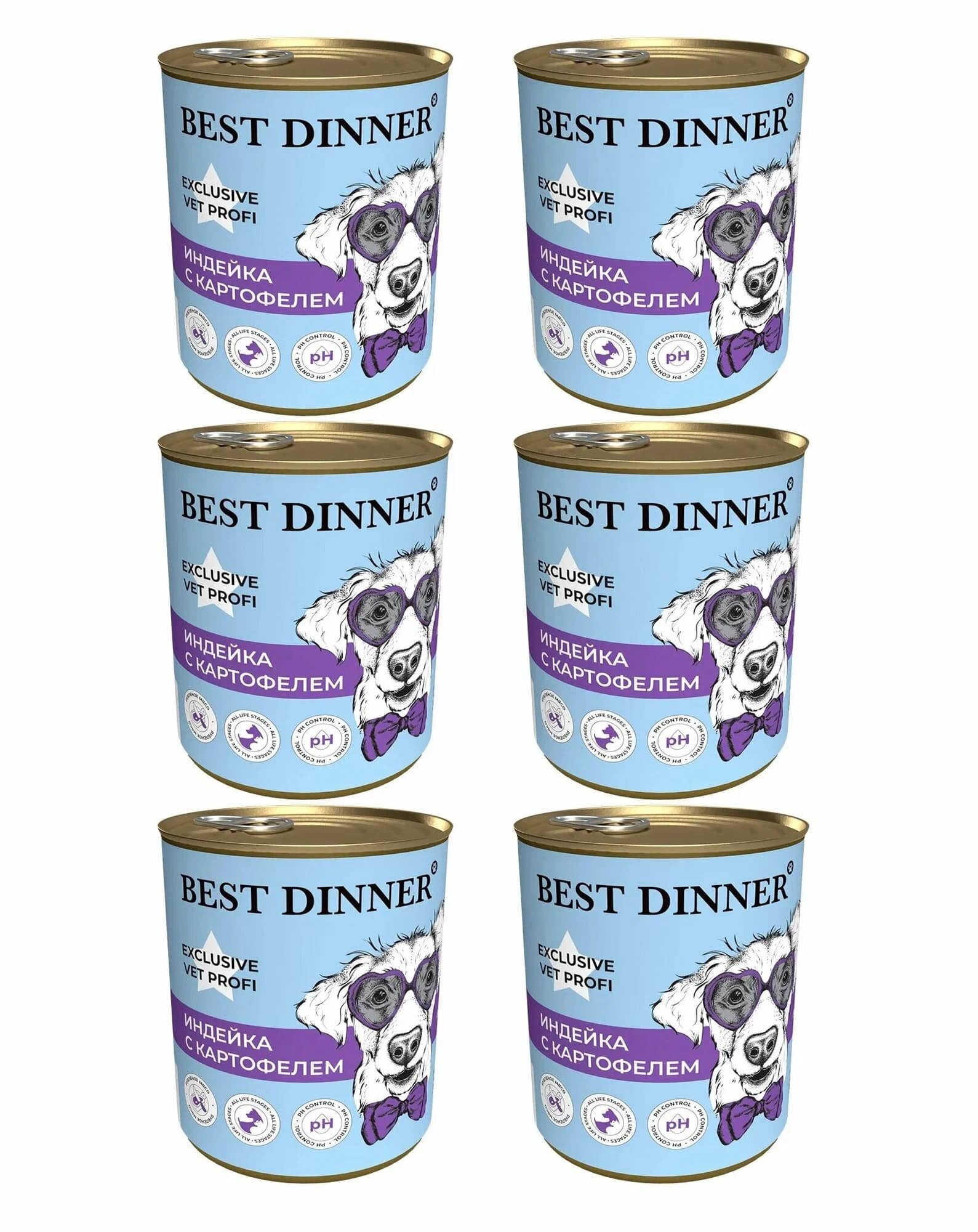 Влажный корм для собак и щенков Best Dinner VET PROFI, индейка с картофелем, 6 шт. по 340 г.