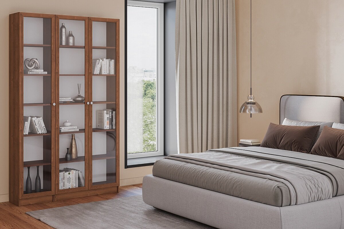 Шкаф книжный стеллаж Билли Billy по мотивам Икея Ikea - 11 Орех Экко 120x30x202 для книг трехдверная