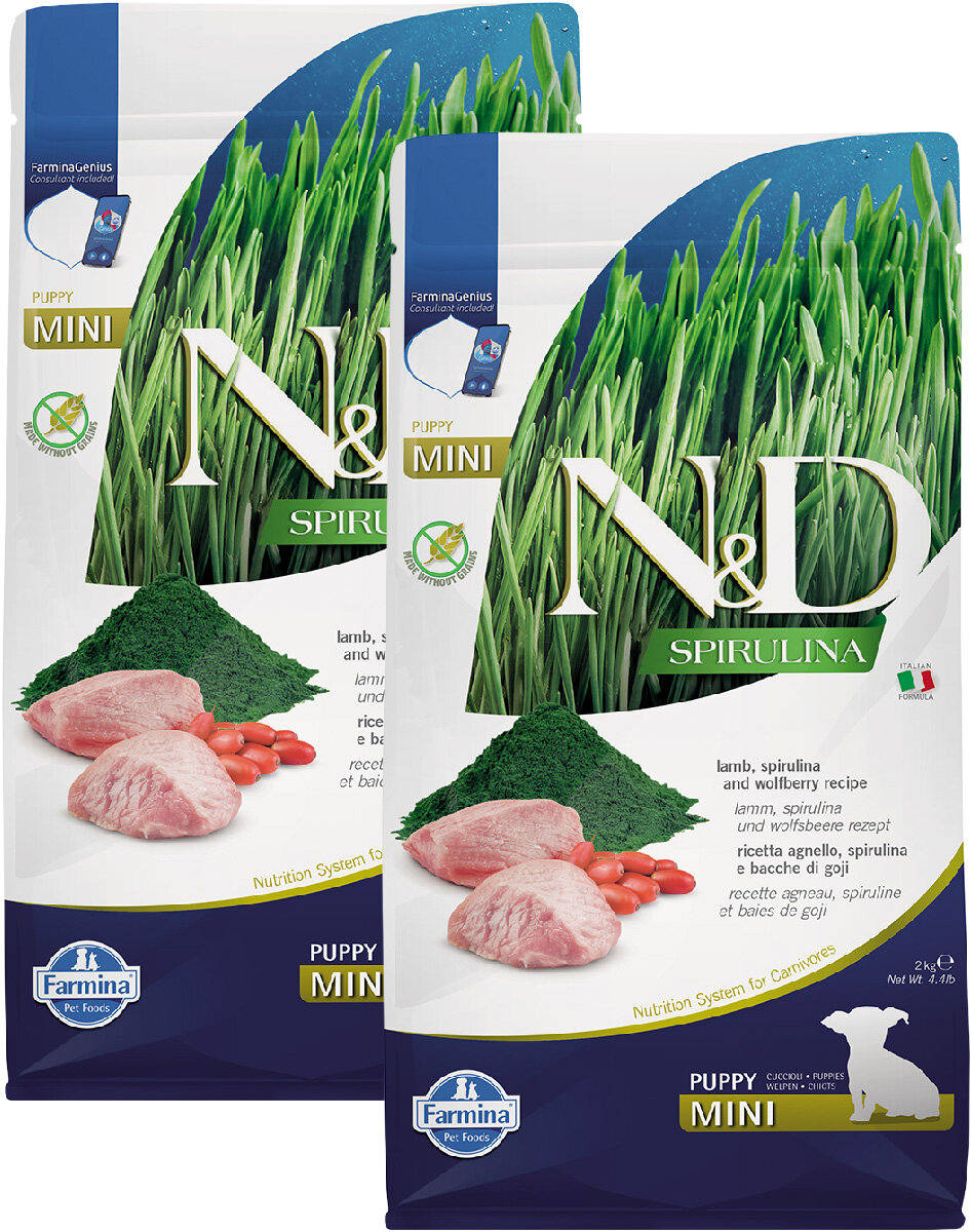 Корм сухой Farmina Dog N&D Grain Free Spirulina Puppy Medium & Maxi Lamb & Wolfberry беззерновой для щенков средних и крупных пород, ягненок, ягоды годжи и спирулина, 2 + 2 кг