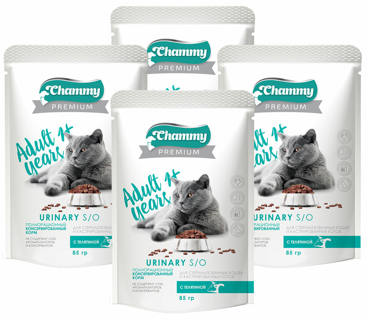 CHAMMY PREMIUM URINARY S/O для кастрированных котов и стерилизованных кошекс телятиной пауч 85 гр 85 гр х 4 шт