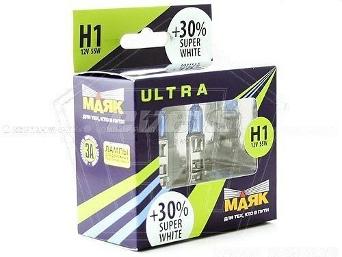 Лампа галогеновая h1 12v 55w маяк ultra super white +30% (2шт. к-т)