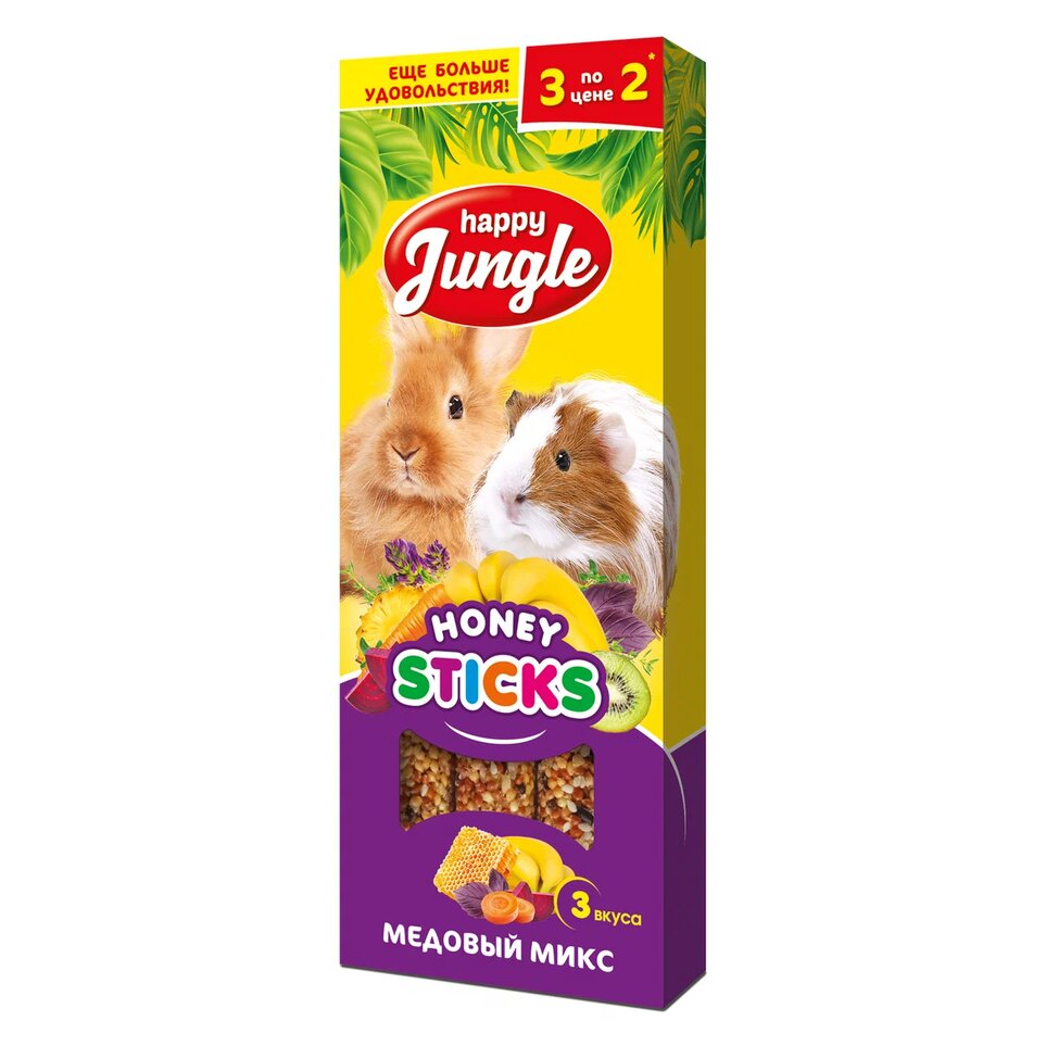 Лакомство Happy Jungle HONEY STICKS палочки микс 3 вкуса для крупных грызунов (90 гр)