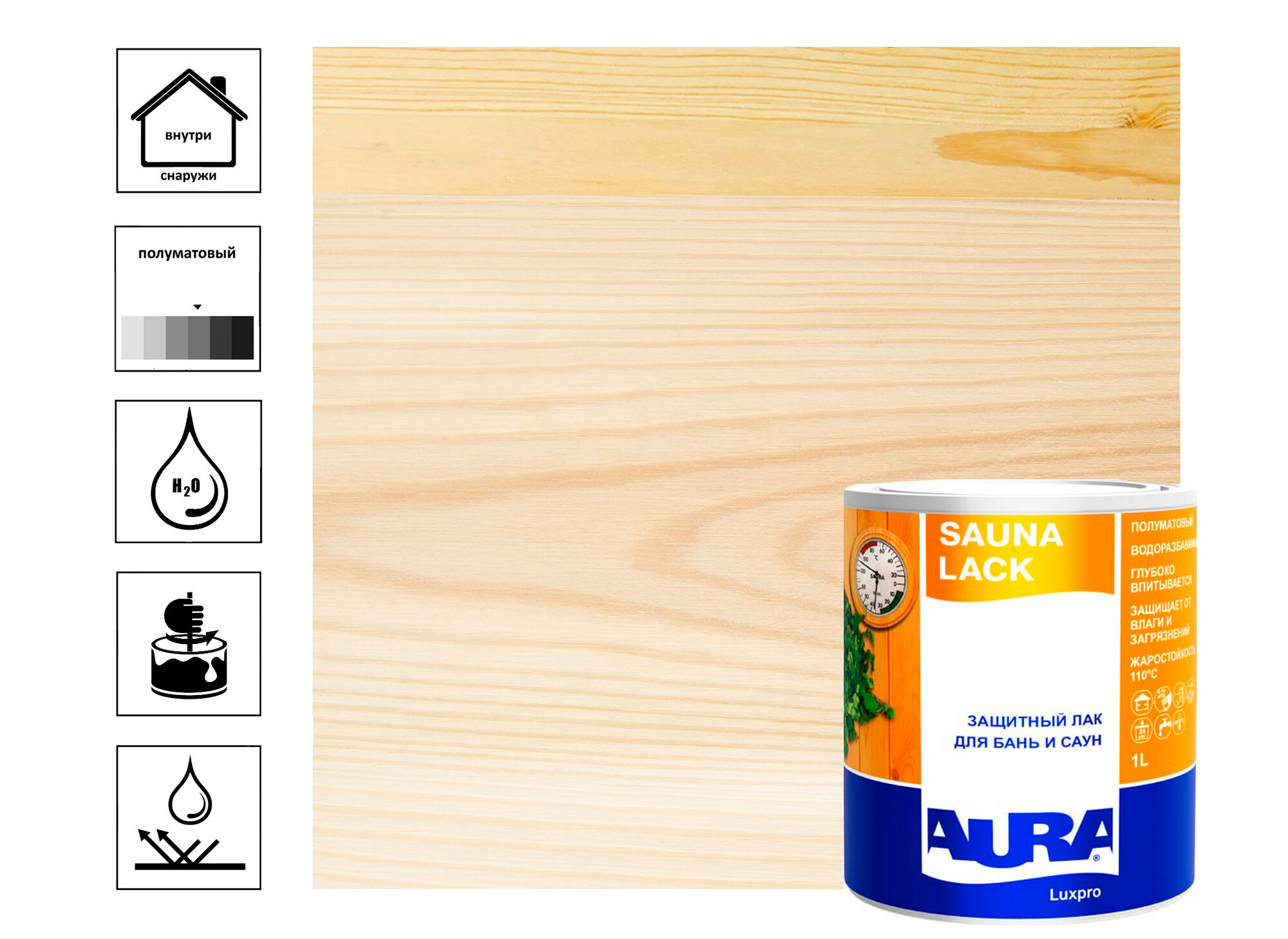 Лак Aura Sauna Lack ALL005, для дерева, акриловый, полуматовый, 1л