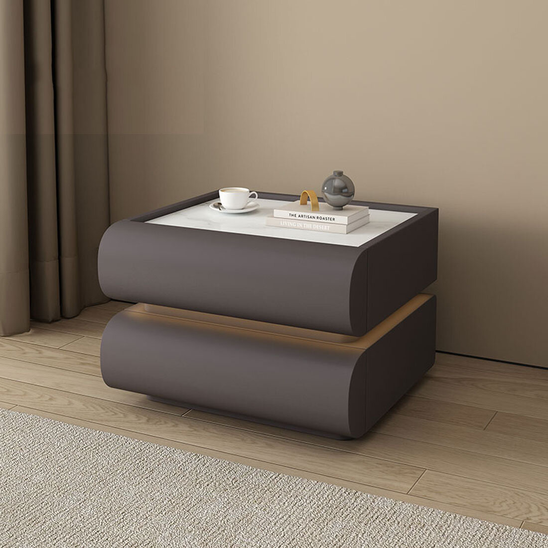 Прикроватная кожаная тумба с керамической столешницей Mulege 50 см (темно-серый)