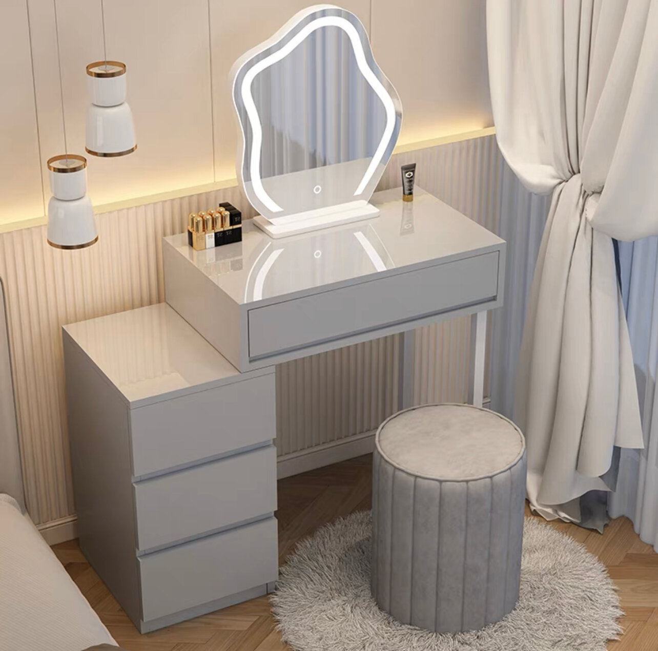 Туалетный столик Jeremiah (Стол с тумбой 60см + зеркало с подсветкой + пуф / цвет серый)