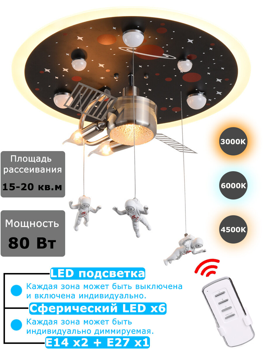 Люстра потолочная, Потолочный светильник космонавт, диммируемая, с пультом, космический аппарат, FR-9563, мультфильм творческий, детская