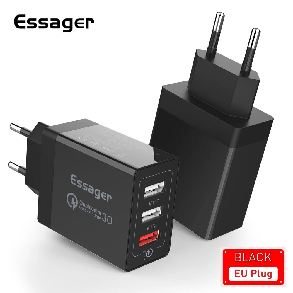 Essager 3-портовое USB-зарядное устройство Quick Charge 3.0 30 Вт Портативное EU Plug -Black 3 usb