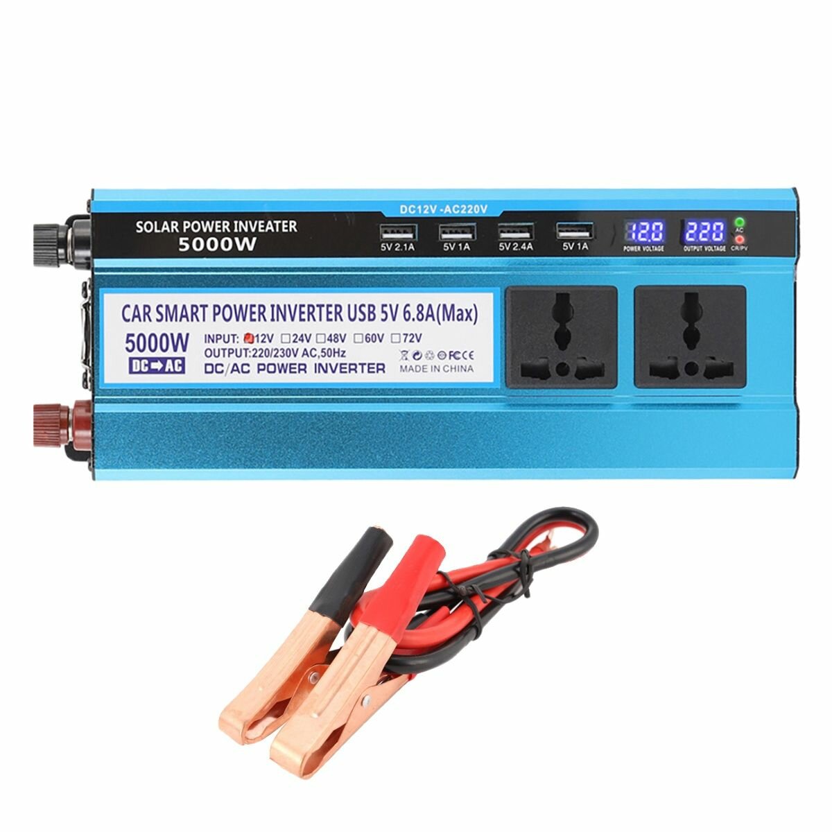 Автомобильный инвертор Solor, 5000 Вт, 4 USB-зарядное устройство от 12 В до 220 В переменного тока
