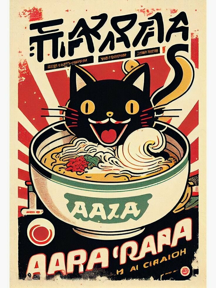 Постер а4 с надписью "Винтажный постер № 4 с кошачьим раменом"