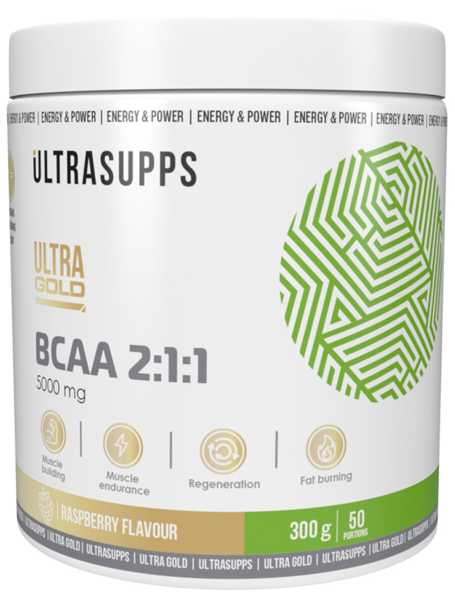 Незаменимые аминокислоты UltraSupps Ultra Gold BCAA 2:1:1 - 300 г, малина