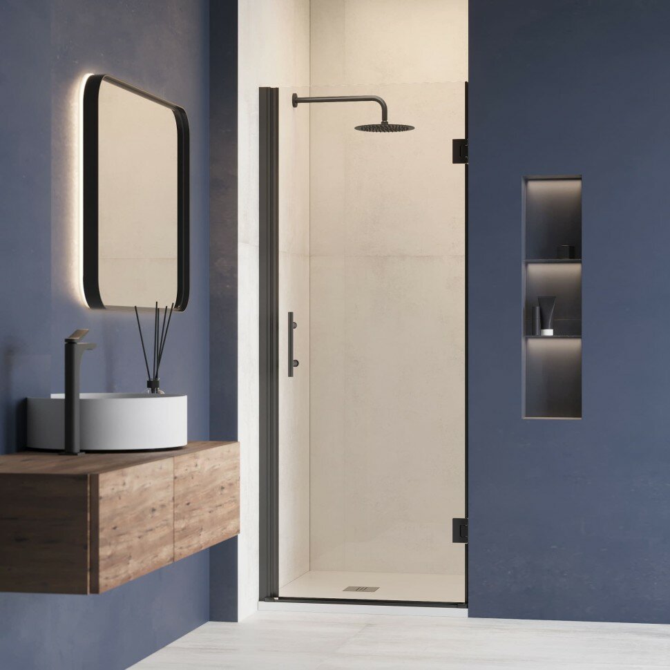 Душевая дверь RGW Hotel HO-011B, распашная, прозрачная, черная, анти-капли Easy Clean, 600