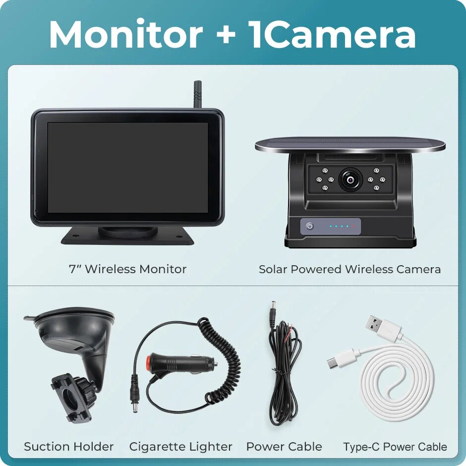 Беспроводная парковочная камера с 2 магнитной солнечной зарядкой и 7-дюймовым монитором DVR BSD, сигнализация слепых зон, для грузовиков/фургонов/прицепов/нагрузчиков Monitor add 1Cam, NO SD Card
