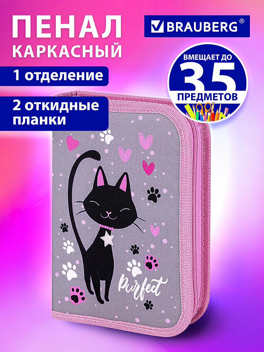 Пенал школьный для девочки для ручек, карандашей Brauberg, 1 отделение, 2 откидные планки, полиэстер, 21х14 см, 271514