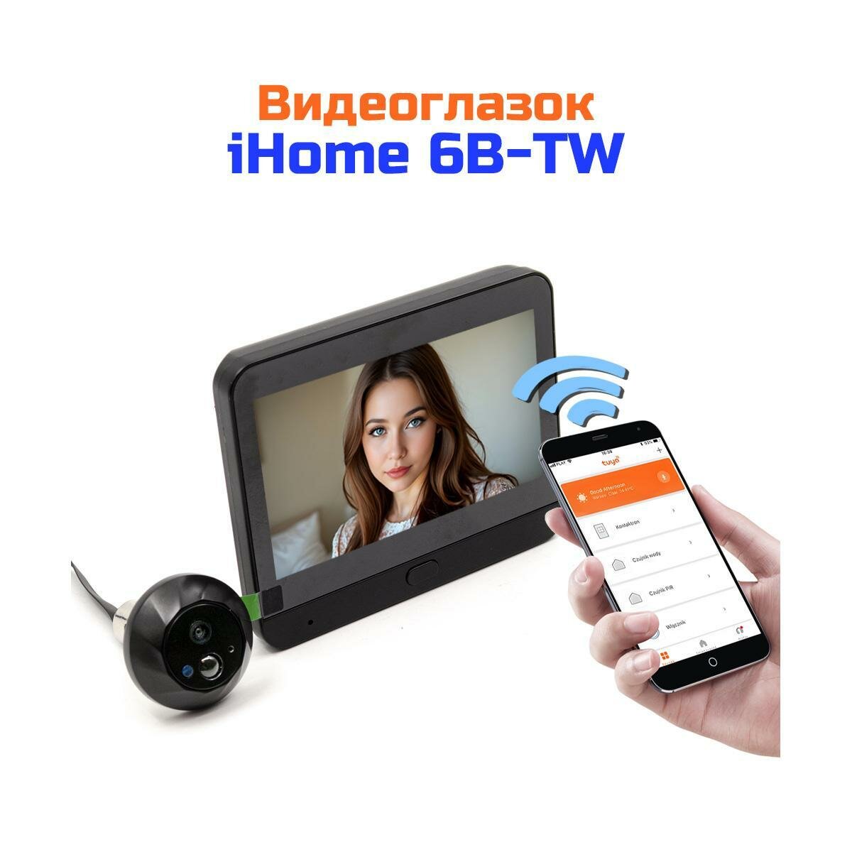 Беспроводной TUYA-WiFi видеоглазок в виде обычного iHome 6B-TW (1080P) (K6602RU) с аккумулятором, с записью на SD, монитором 4.3 дюйма и камерой 2Mp.