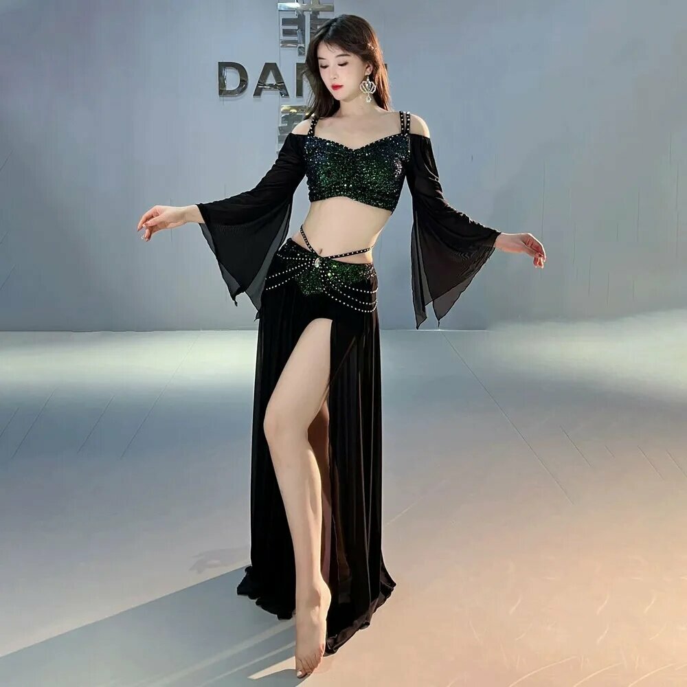 Костюм для обучения восточным танцам, Черный с черными блестками, размер S/M 42- 44 RU)