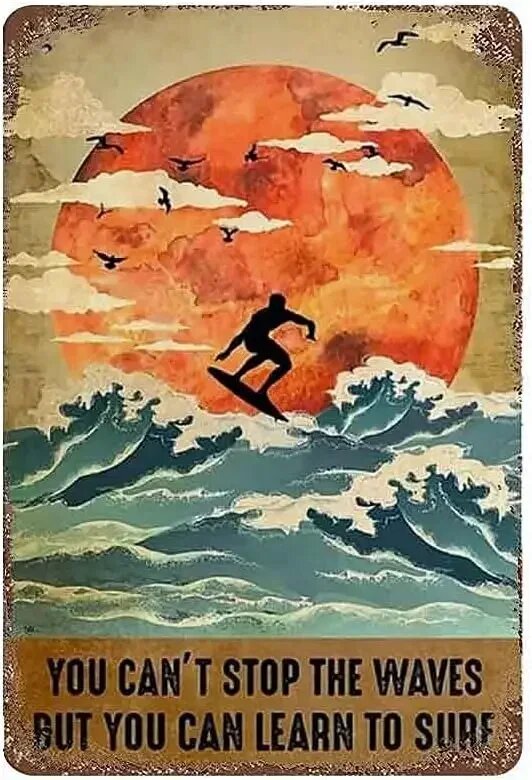 Металлическая панель "Девушка-сёрфер", ретро стиль 20x30cm, 11