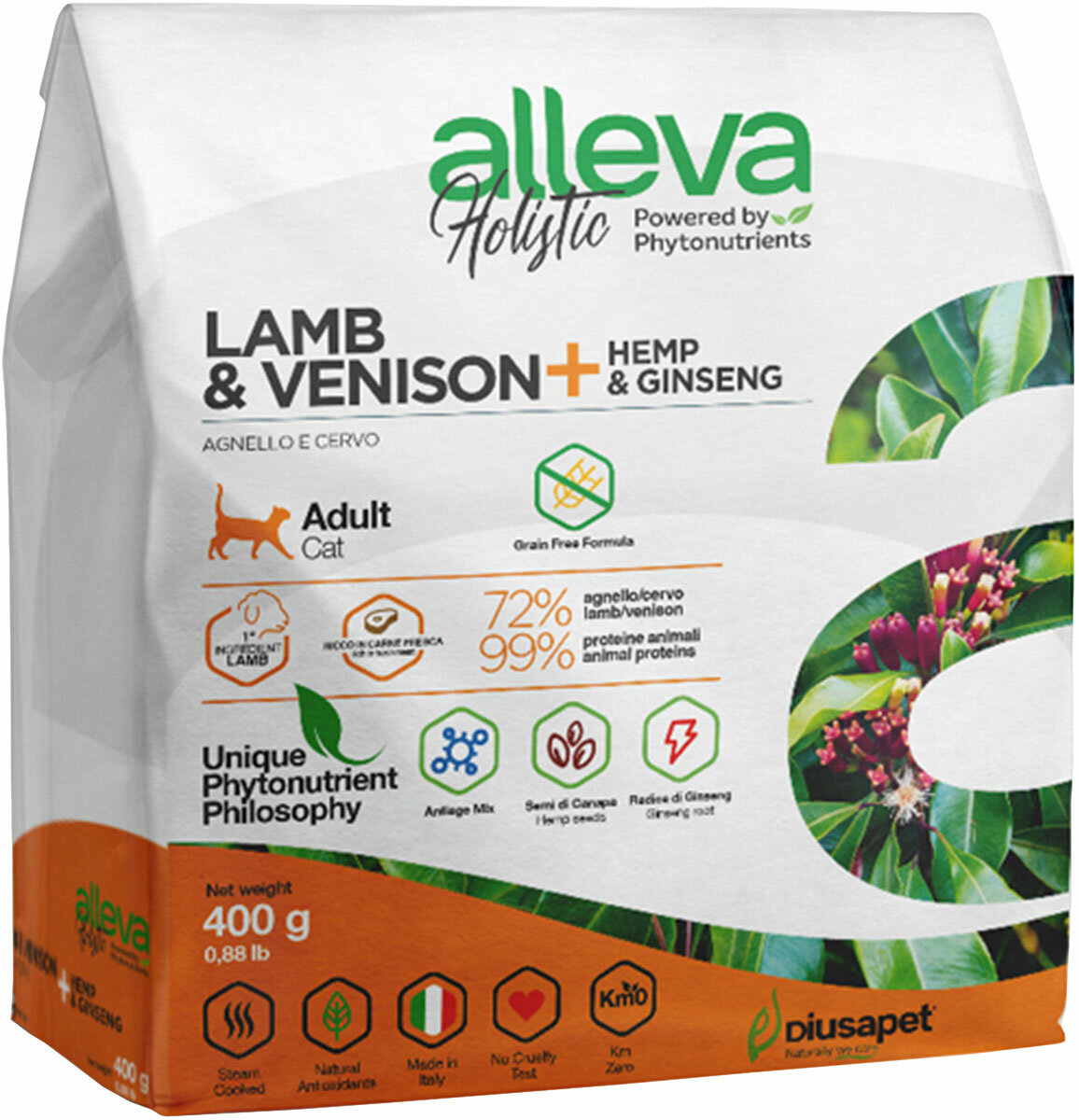 Корм сухой Alleva Holistic Adult & Sterilized Cat Lamb & Venison беззерновой для взрослых кошек, ягненок оленина конопля женьшень, 400 г