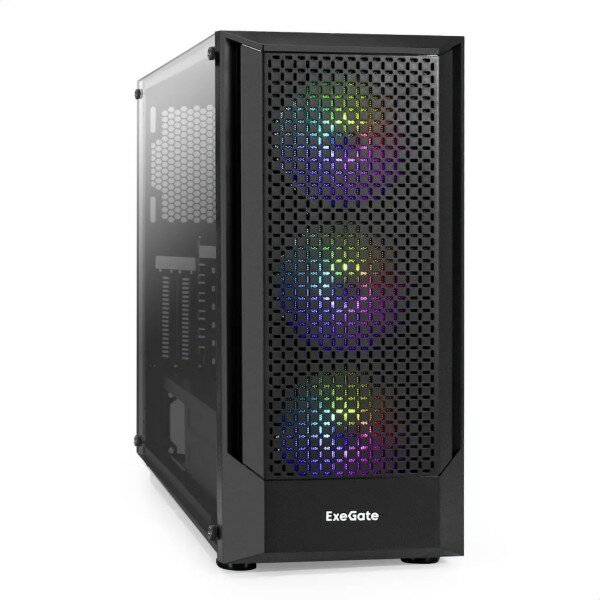 Компьютерный корпус Miditower ExeGate EVO-8227 (ATX, без БП, 2хUSB+1хUSB 3.0+HD Audio, черный, 3 вент. с RGb подсветкой, боковая панель - закаленное с