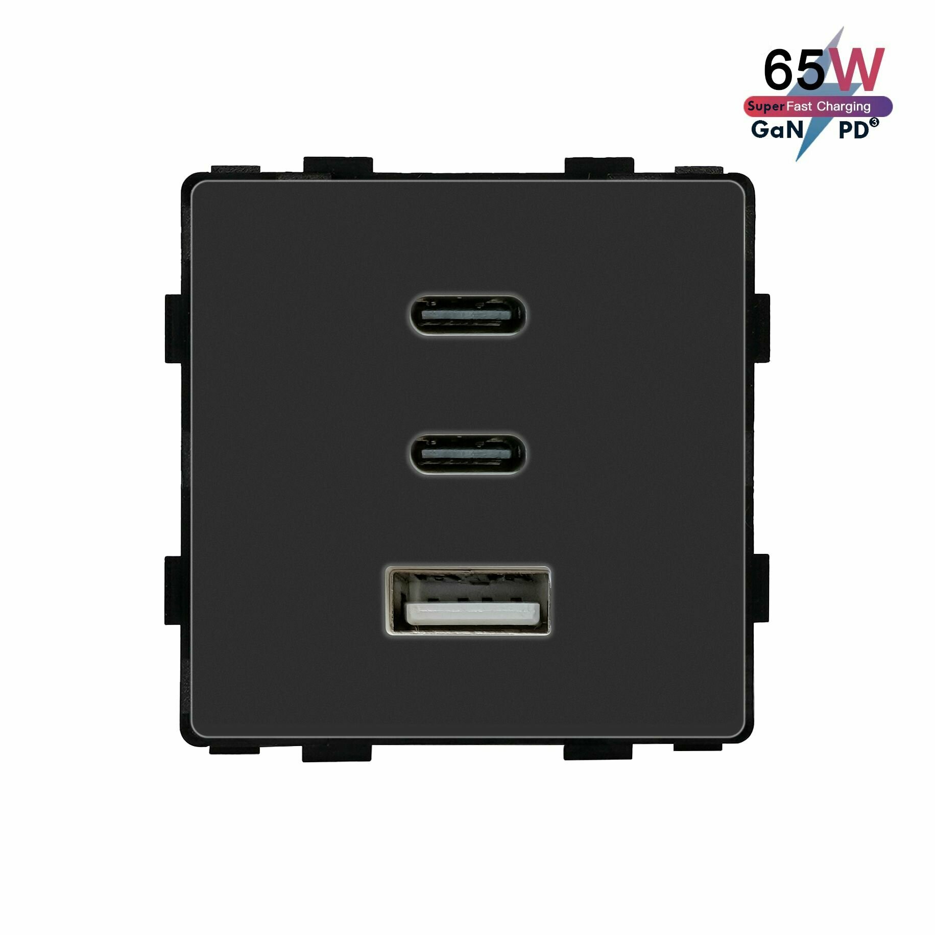 Механизм розетки (без рамки) 3Usb C+C+A, быстрая зарядка 65Вт, цвет черный