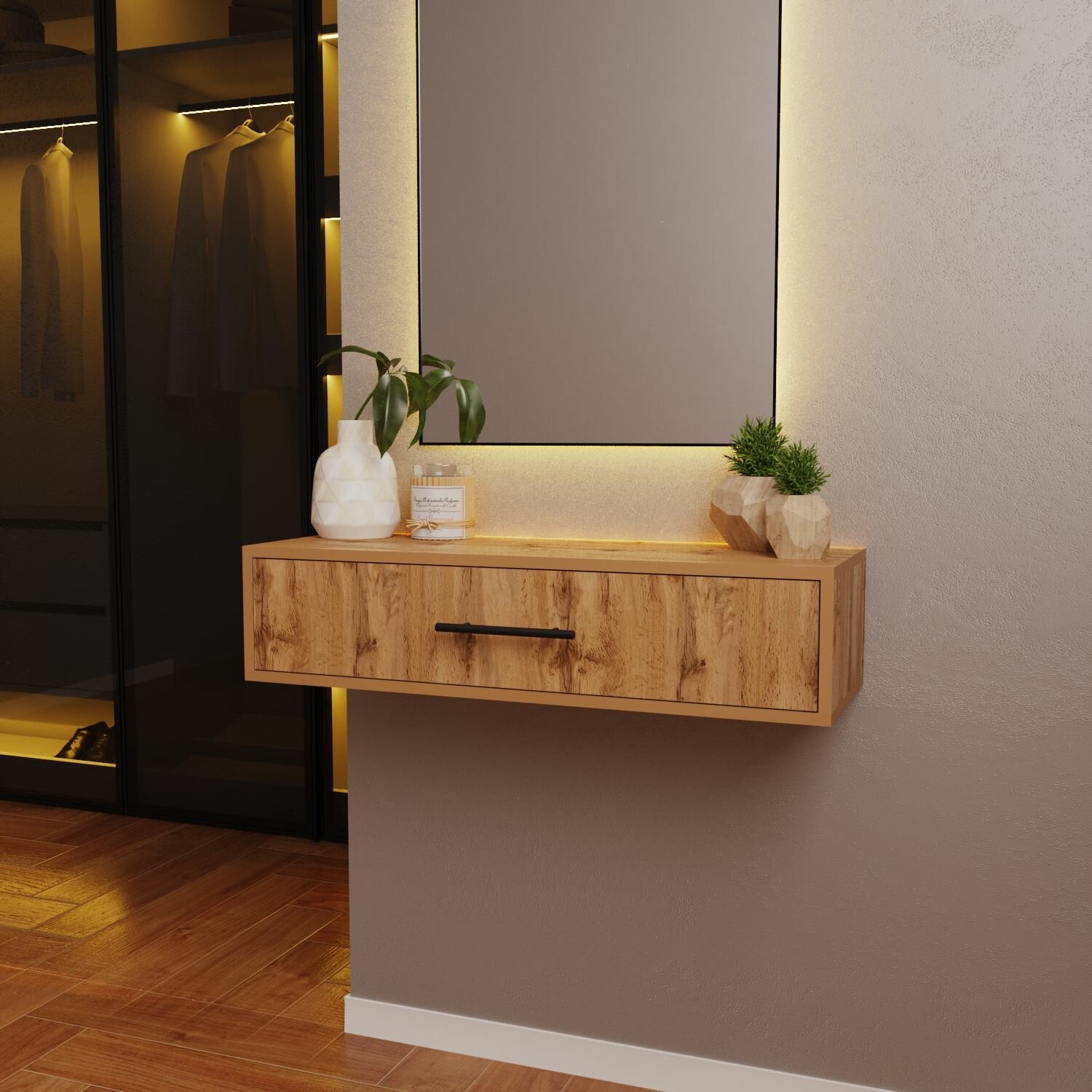 Тумба Гармония парящая в прихожую 86х30х20, Дуб вотан