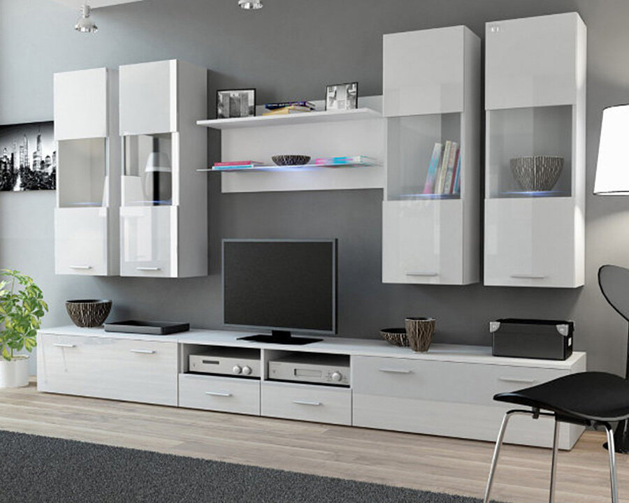 Гостиная Дрим МДФ Белый DM635-6 / Белый Фасадный 0101 NEW 300x45x180 см, белый, белый фасадный Фиеста