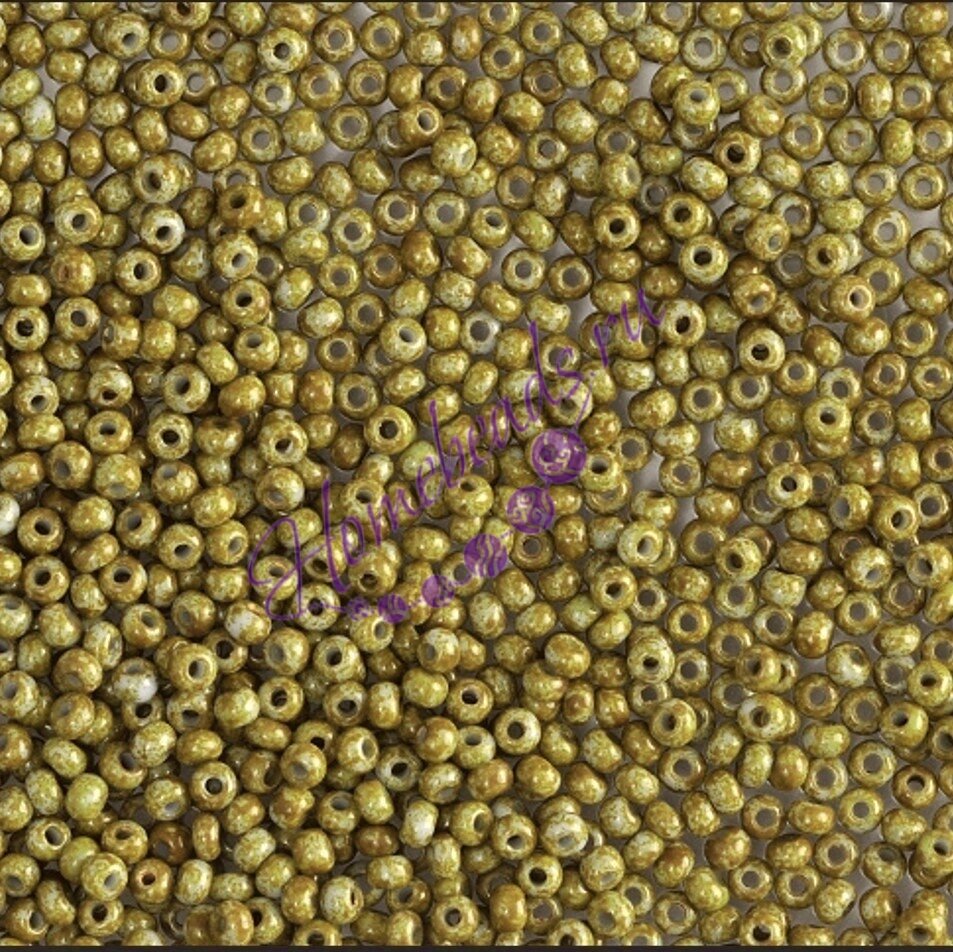 Бисер Чехия Preciosa, 39000, стекло, травертин, круглое отверстие, 10/0 (2,3 мм), 50 г, голубой-горчичный