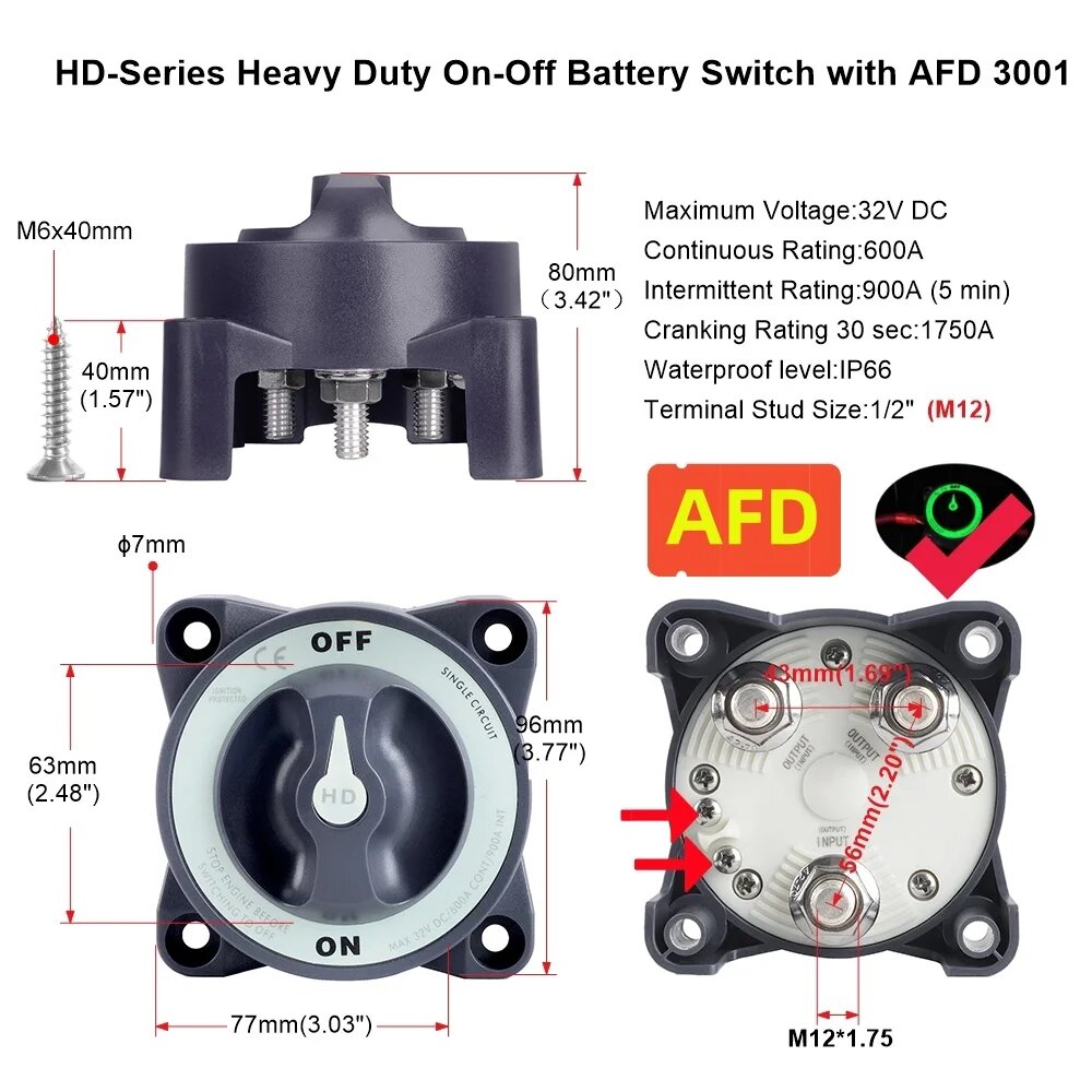 Выключатель АКБ Heavy Duty 32V 600A AFD 3001, 2 Position Glow