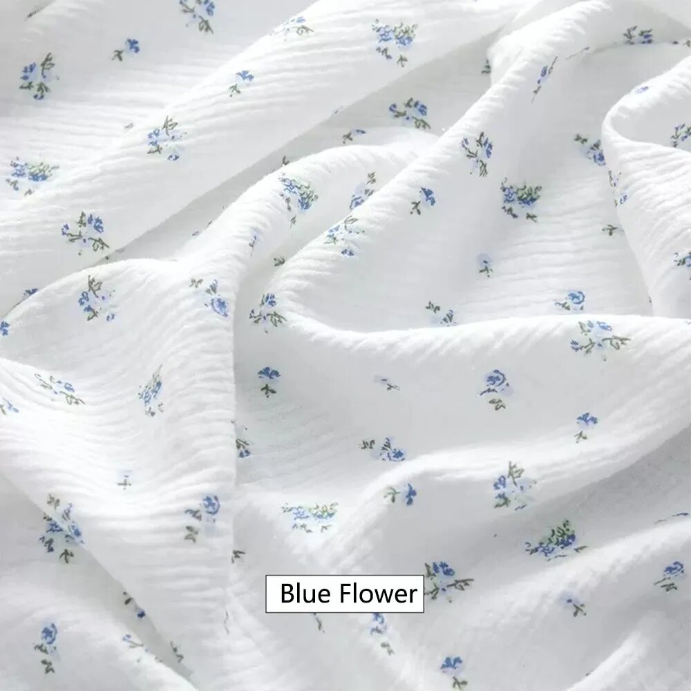 Белая хлопковая ткань Креп с цветочным принтом Blue Flower